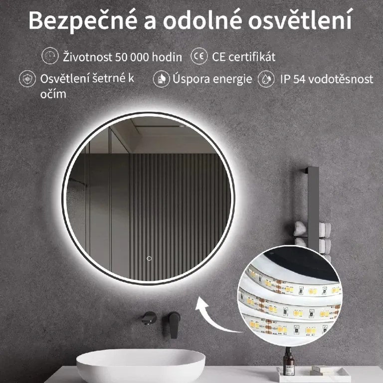 CERANO - Koupelnové LED zrcadlo Vito, kovový rám - černá matná - Ø 60 cm