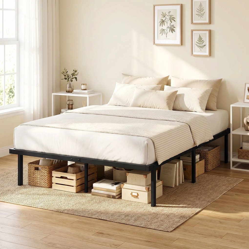 HOMCOM kovový rám postele s úložným prostorem pod postelí, výška 35,5 cm, laťkový rošt, tichý design — bez boxspringu, snadná montáž — 140 × 200 cm, …