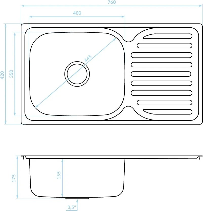 Kuchinox Orion, 1-komorový nerezový dřez 760x420x175 mm s odkapávačem, drážkovaný dekor, ocelová, LAV-SKO_311T