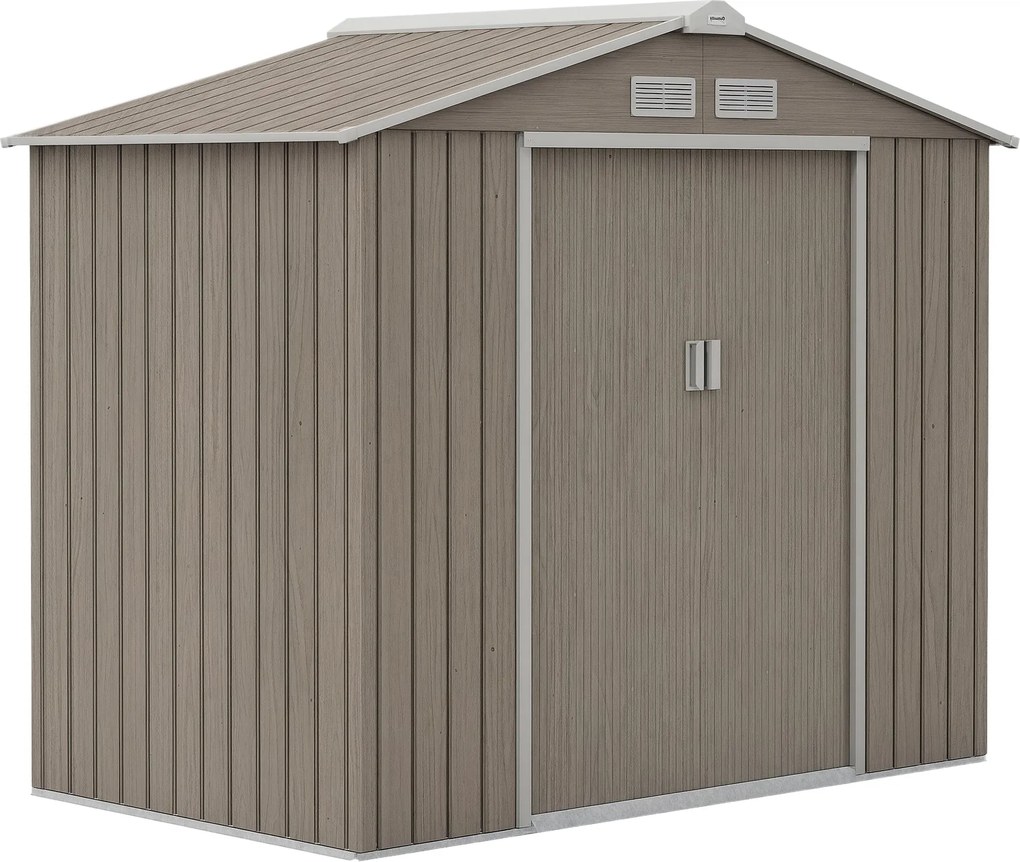 Outsunny 2,42 m² zahradní kůlna efekt dřeva s vyztuženou základnou bez podlahy 213x130x185 cm venkovní zahradní kůlna se 2 posuvnými dveřmi a 4 okny p