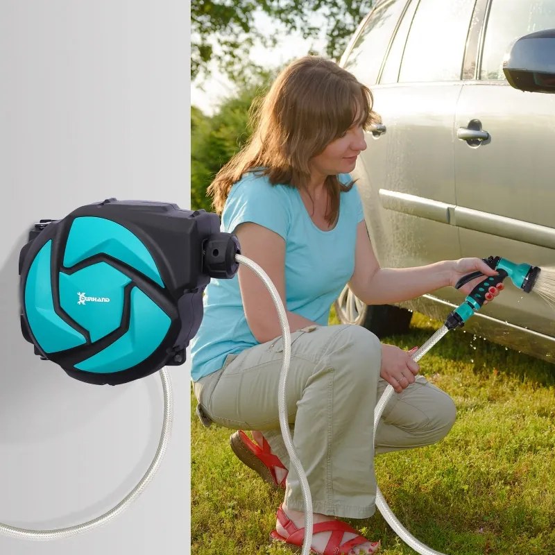 Nástěnný hadicový naviják otočný o 180° s vícenásobnou sprchou a ochranou proti mrazu, plast, zeleno-černý, hadice 10 m 845-260