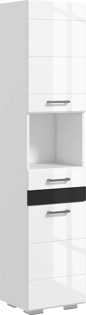 Kleankin sloupec pro úsporu místa do koupelny z MDF, koupelnová skříň s otevřenou policí, zásuvkou a uzavřenou skříňkou, 37x32,5x170 cm, leskle bílá |