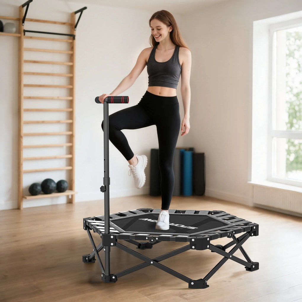 Fitness trampolína s nastavitelnou T-rukojetí, skládací, taška na přenášení, nosnost 120 kg, ocel, plast, černá barva