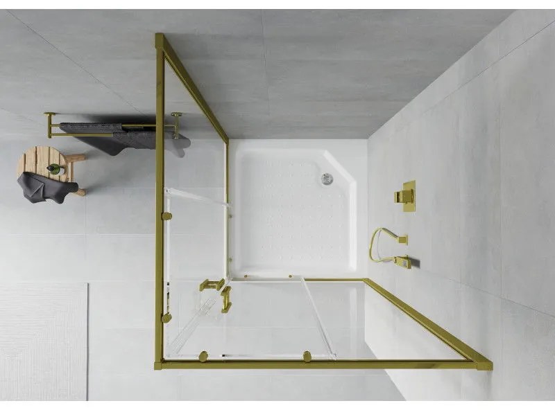 Mexen Rio, čtvercový sprchový kout s posuvnými dveřmi 90 (dveře) x 90 (dveře) x 190 cm, 5mm čiré sklo, zlatý profil + bílá sprchová vanička RIO, 860-090-090-50-00-4510