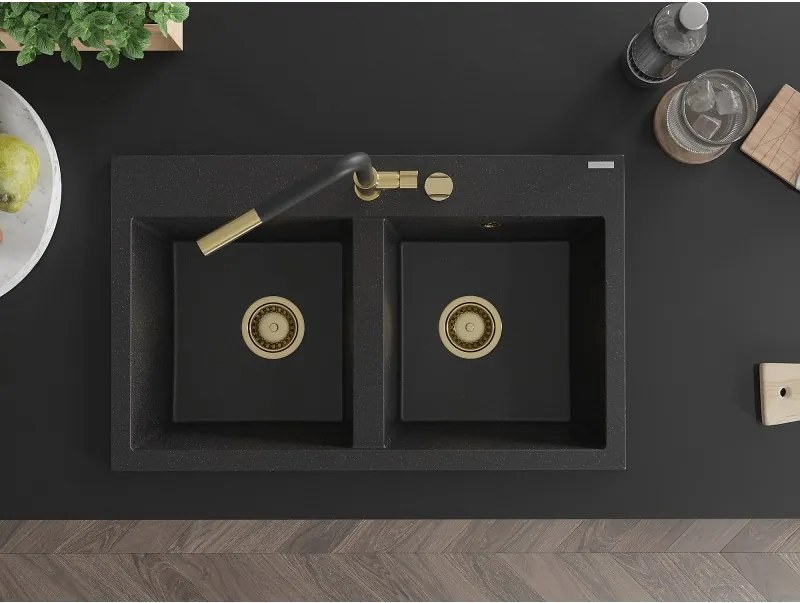 Mexen Hektor, 2-komorový granitový dřez 800x480x205 mm, černá-stříbrná metalíza, zlatý sifon, 6521802000-73-G