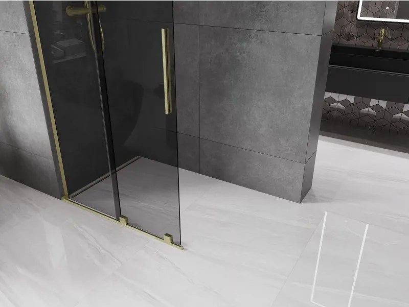 Mexen Velar L, posuvná sprchová zástěna Walk-in 110 x 200 cm, 8mm šedé sklo, zlatá matná, 871-110-003-43-55