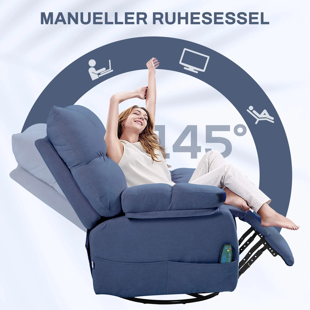 HOMCOM Relaxační křeslo s masážní funkcí, elektrické TV křeslo s vyhříváním, polohovací funkcí, otočné masážní křeslo s pružinovým systémem 700-174V9…