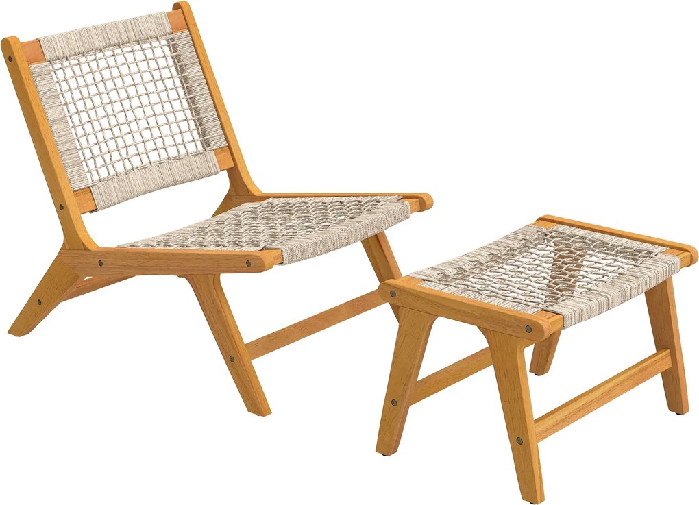 Outsunny 2dílné venkovní lehátko z akátového dřeva s podnožkou – certifikát FSC, sedák z polyratanu, boho styl, nastavitelné nožky, béžová (nosnost 16