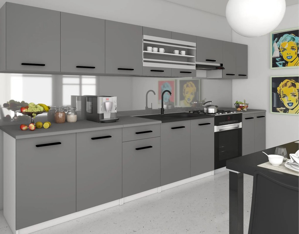 Kuchyňský nábytek 320 cm šedá antracit grafit s pracovní deskou TOR PRIMO320/4/WT/SR/0/B1