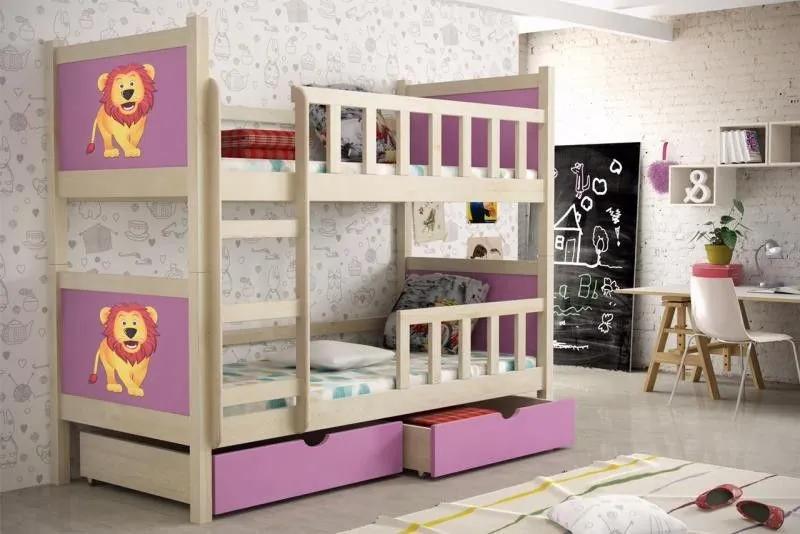 Dětská  patrová postel PONOKIO 2 - přírodní / růžová + lev