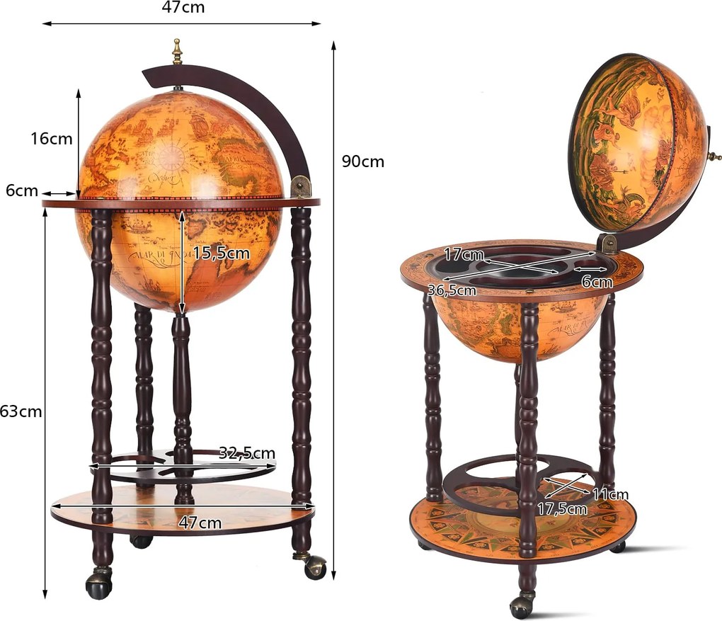 Costway Stojan na víno Rolling Globe Bar na kolečkách na víno, hnědý