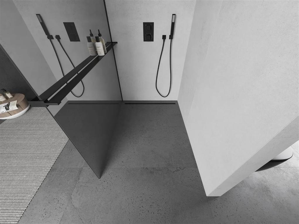 Mexen Kioto+, sprchová zástěna s poličkou a držákem na ručníky 70 x 200 cm, 8mm sklo vzor zrcadlo, černý profil, 800-080-121-70-50