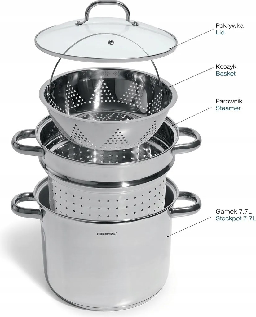 Hrnec na páru 4v1, hrnce Tiross 7,7 l, parní hrnec TS2470
