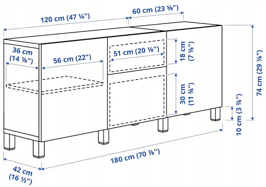 IKEA BESTA Regál se zásuvkami,imit dubu Lappviken/Sindvik/sklo 180x42x74cm
