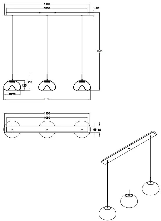 Fabas luce Fabas Brena, závěsné svítidlo z čirého skla, 3x10W LED 2700/3000/4000K krokové stmívání, délka 105cm