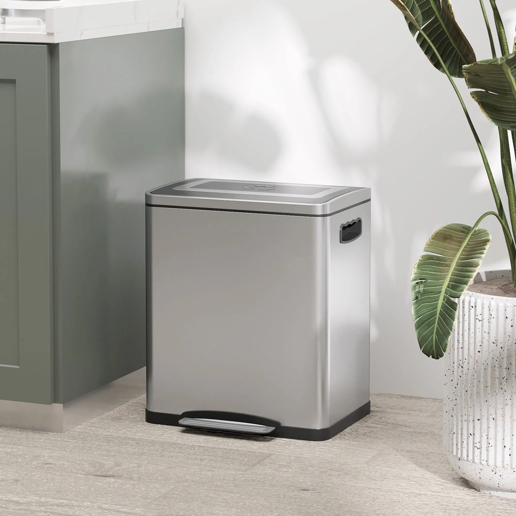 HOMCOM 40L x 34.8Š x 47.5V cm Stříbrný Pedálový Koš na Odpadky s 2 Kompartmenty, Nerezová Ocel s Tichým Víkem, Odnímatelné Vnitřní Kbelíky