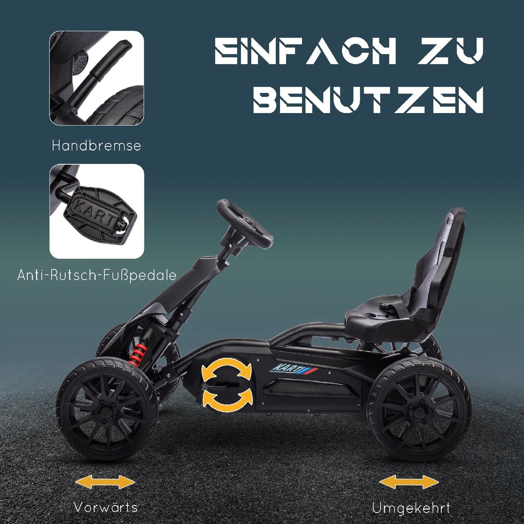 HOMCOM Dětský Go-Kart s Pedály a Ruční Brzdou, Nastavitelným Sedadlem, Přeřazovacím Mechanismem, Dětské Vozidlo s EVA Koly pro Děti ve Věku 3-8 Let