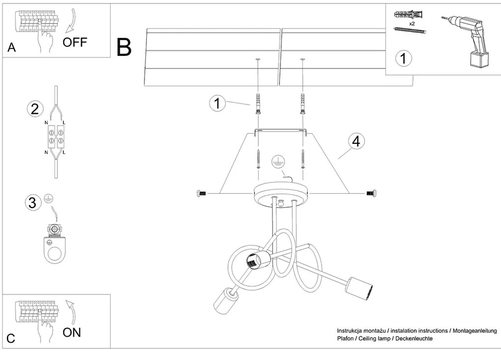 Stropní svítidlo Loop 3, černé tělo svítidla