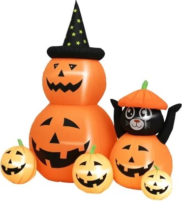 Outsunny Nafukovací Halloween dýně s kočkou, 6 stop, s LED světly, IP44 a nafukovač pro párty, 160x100x180 cm, oranžová