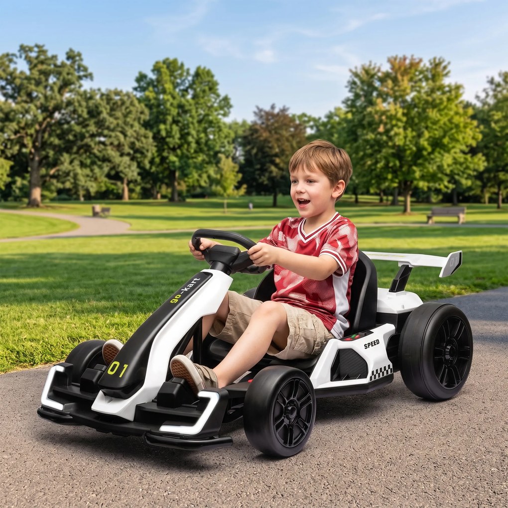 HOMCOM Elektrický Go-Kart pro Děti 6-12 Let 24V 12km/h s Nastavitelným Sedadlem, Drift Go-Kart s Klaksonem, Světly a Hudbou, Bílý