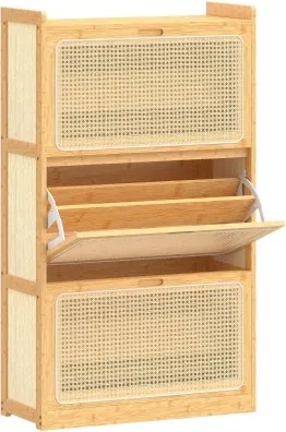 HOMCOM úzká bambusová botníková skříňka s 3 sklopnými ratanovými přihrádkami pro 18-21 párů bot, 69x29x119,8 cm, přírodní