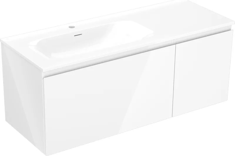 Mexen Orio, koupelnová skříňka 120 cm s umyvadlem Vela vlevo, 1S, 1D, bílá lesklá, 91A13-12047-3-BBFF00-W23L00