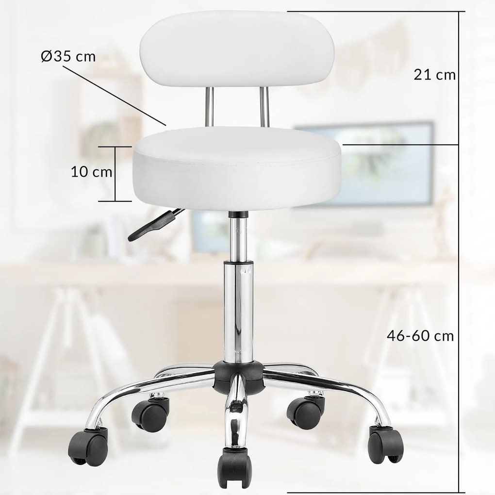 Taburetka na kolečkách s opěradlem ROLAND, Ø35cm, bílá Casaria