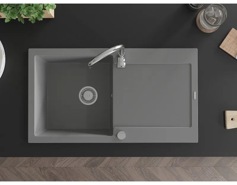 Mexen Leo, 1-komorový granitový dřez s odkapávačem 90x50 cm a kuchyňskou baterií Telma, šedá, 6501-71-670200-00