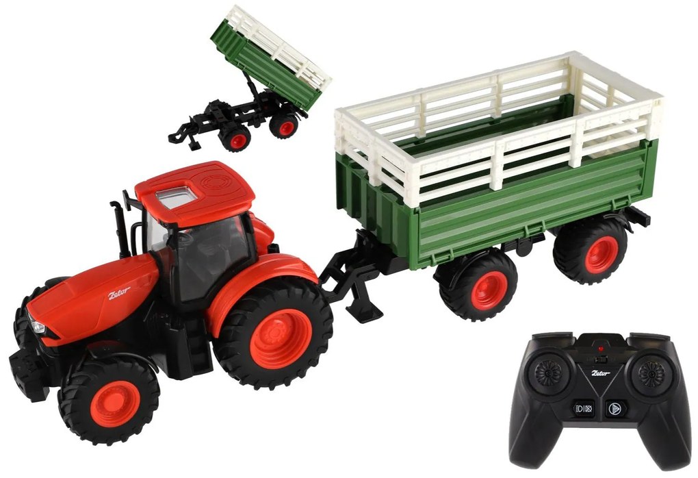 Traktor Zetor RC s vlekem plast 42cm 2,4GHz dobíjecí pack + baterie se zvukem v krabici
