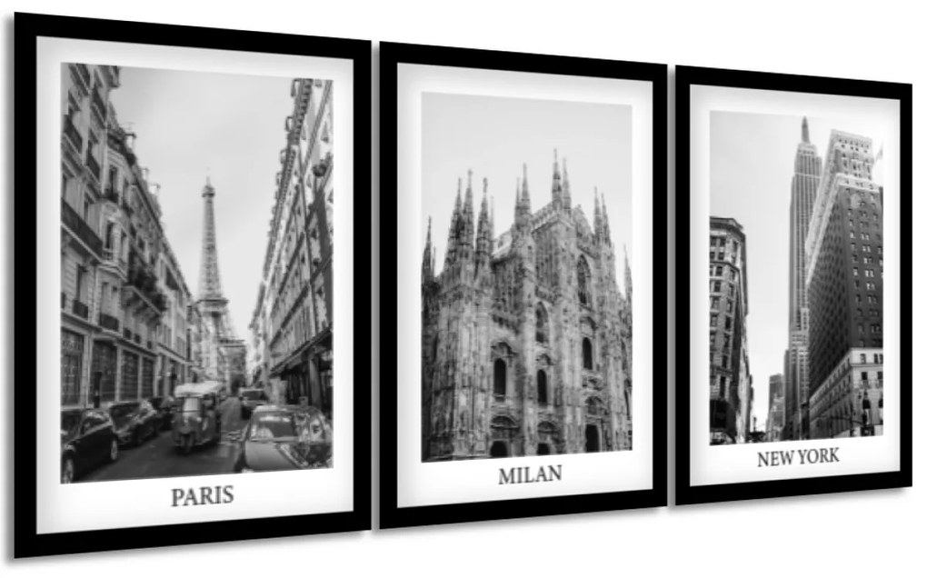 Gario Sada plakátů Paris, Milan, New York Barva rámu: Bílá, Velikost: 99 x 45 cm