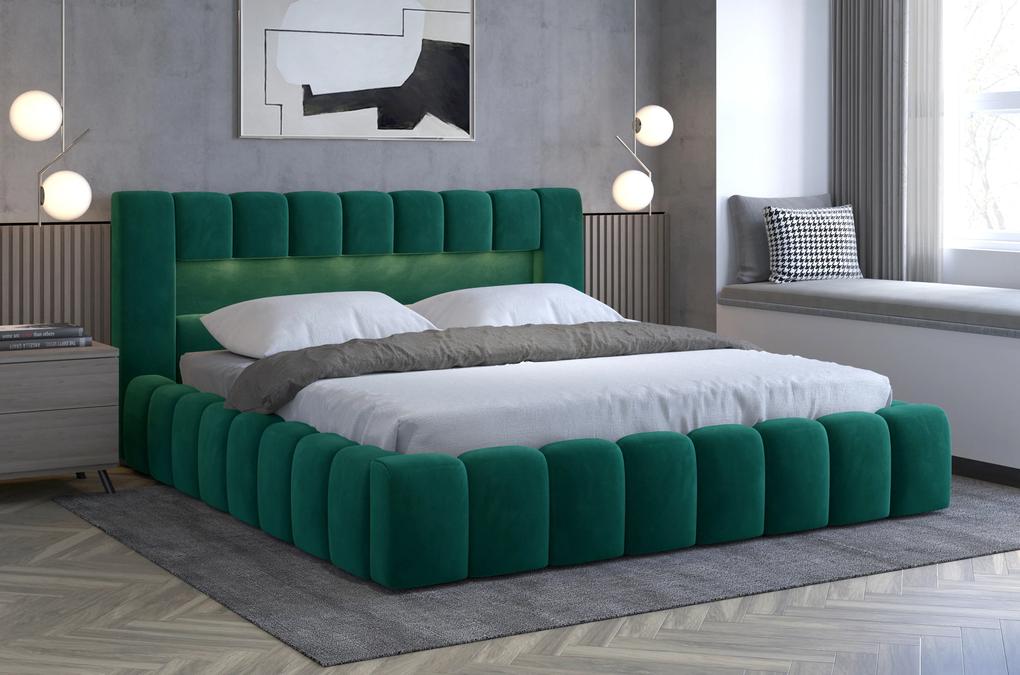 Manželská postel 160 cm Luxa (tmavě zelená) (s roštem, úl. prostorem a LED). 1041562