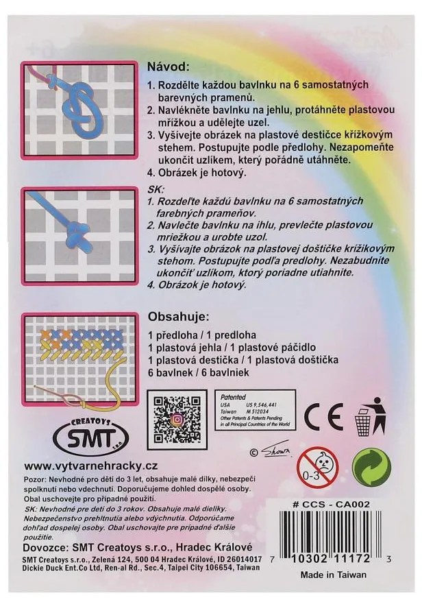 SMT Creatoys Vyšívání křížkovým stehem jednorožec vyšívací rámeček 1 předloha 6 bavlnek v blistru 12,5x18x1cm