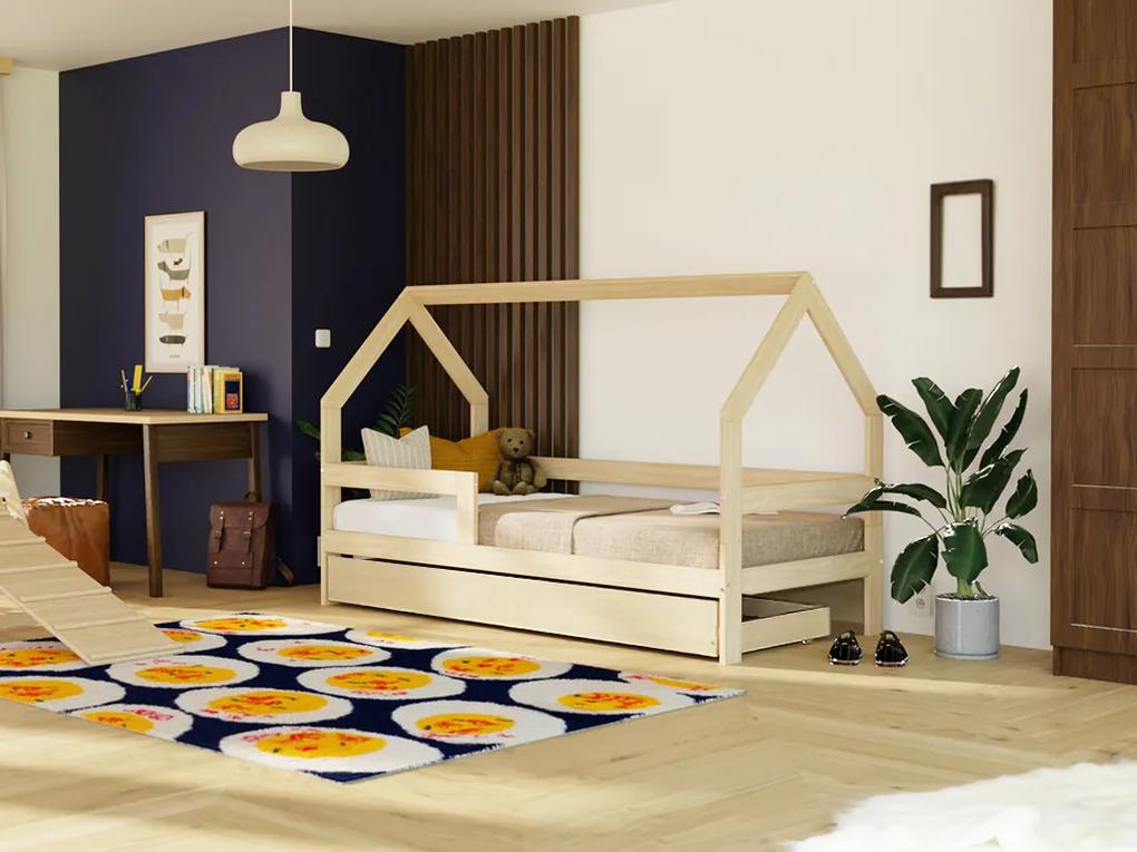 Benlemi Dětská dřevěná postel domeček SAFE 3v1 se zábranou a úložným šuplíkem Zvolte barvu: Nelakovaná, Zvolte rozměr: 90x160 cm, Zvolte zábranu: S otevřeným vstupem