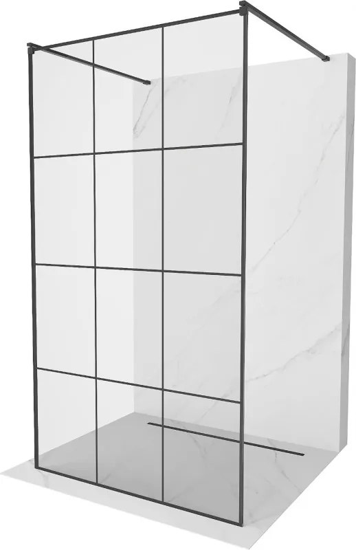 Mexen Kioto, průchozí sprchová zástěna 120 x 200 cm, 8mm sklo čiré/černý vzor, 2x černá stabilizační rozpěra, 800-120-002-70-77