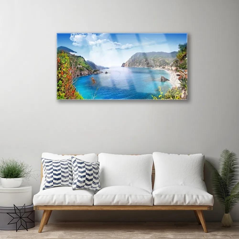 Obraz na skle Záliv Hory Moře Krajina 100x50 cm