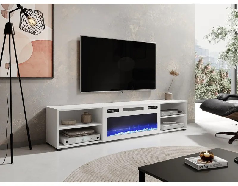TV skříňka/stolek s krbem Loloz 180, Barva: bílá + bílá + černý lesk