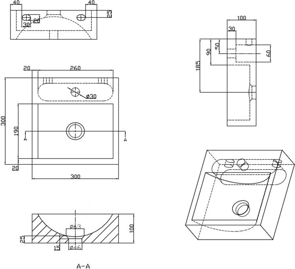Sapho Sapho, BLOK kamenné umyvadlo 30x10x30 cm, černý Antracit, 2401-29