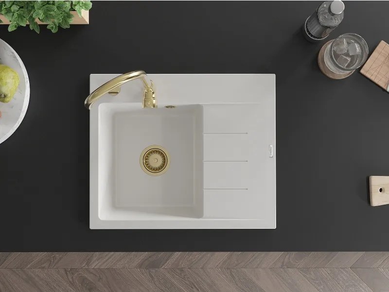 Mexen Ben granitový dřez s 1 komorou a odkapávačem, levý 600 x 500 mm, bílý, sifon zlatý - 6522605000-20-G