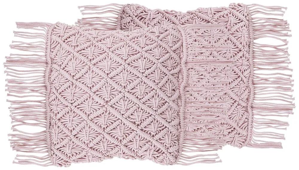 Sada 2 bavlněných makramé polštářů  40 x 40 cm růžové YANIKLAR Beliani