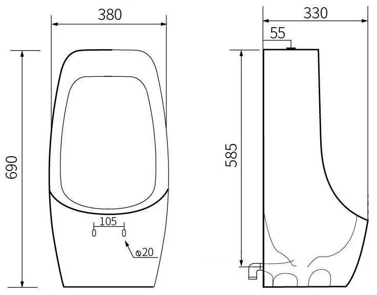 Mexen Oliver, závěsný pisoár 69x38x33 cm, bílá, 37016900