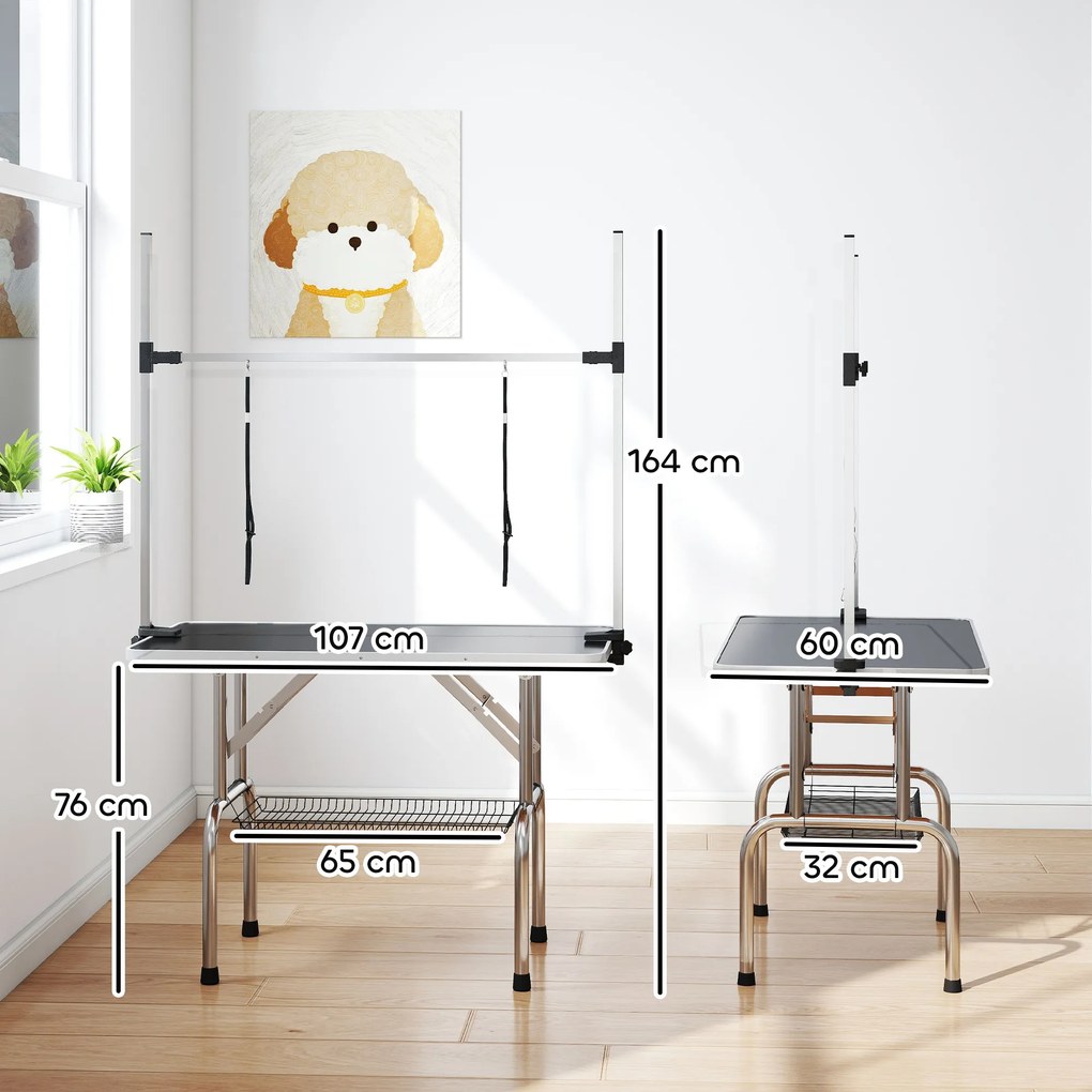 PawHut Trimovací stůl výškově nastavitelný skládací stůl pro psy s košíkem pod ním 107x60x170cm v černé barvě