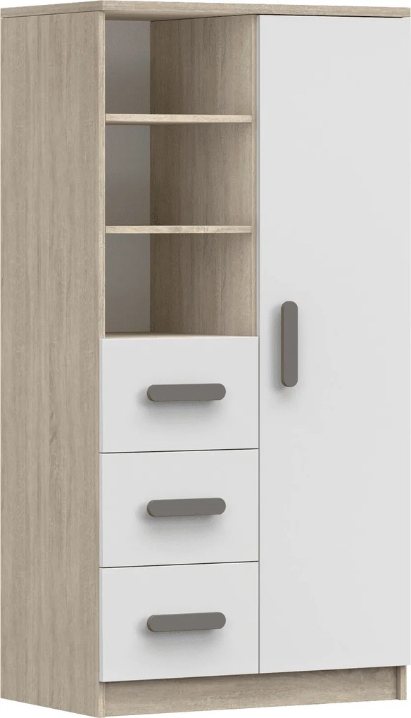 IDZ Knihovna SMYK III 3S1D 05, 80 cm Bílá + Dub Sonoma / Barevné úchytky Barva: Červená