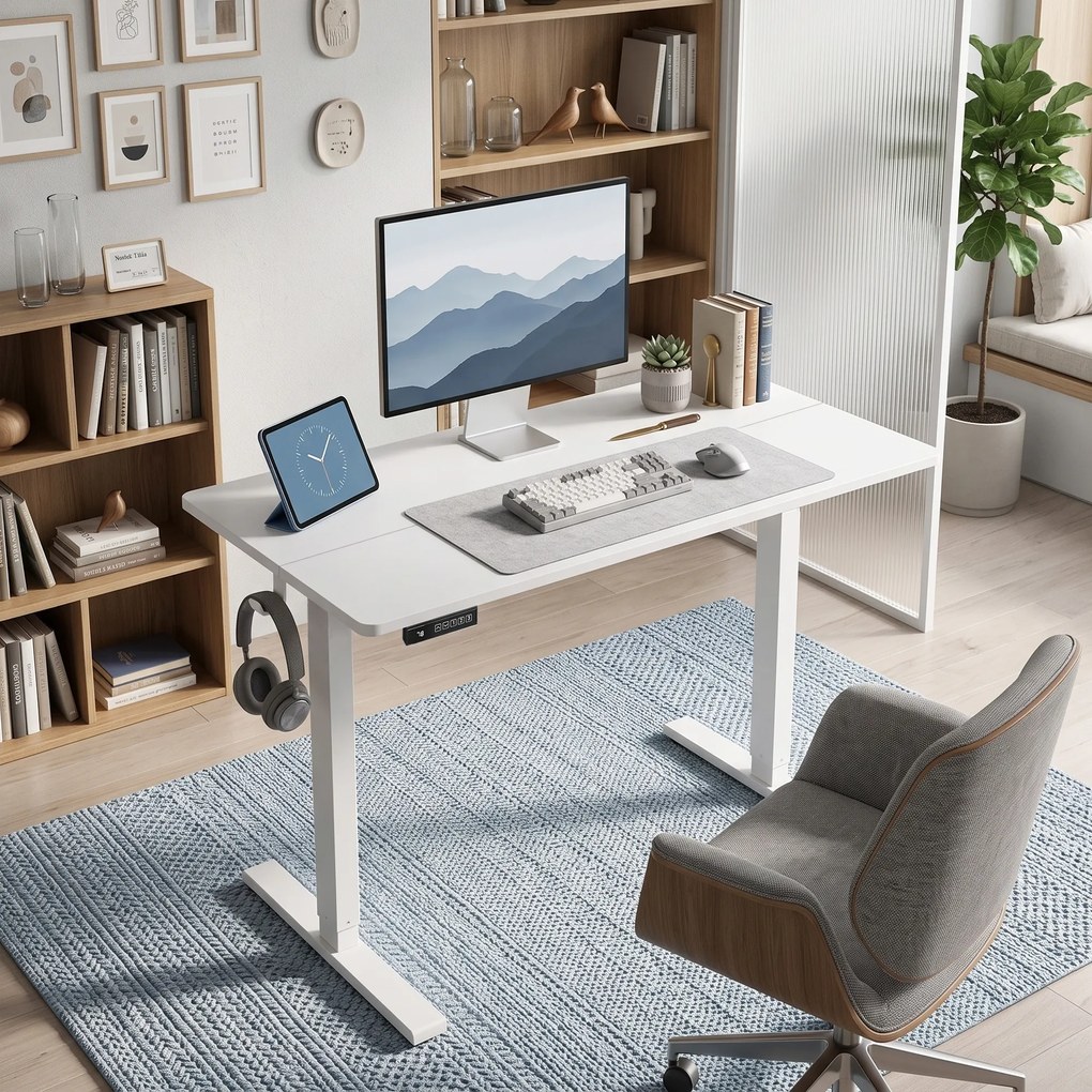 HOMCOM Elektrický stojací-sedadlový stůl 120 x 60 cm, 3 paměťové výšky, dětská pojistka a protinárazová funkce, pro práci, bílá
