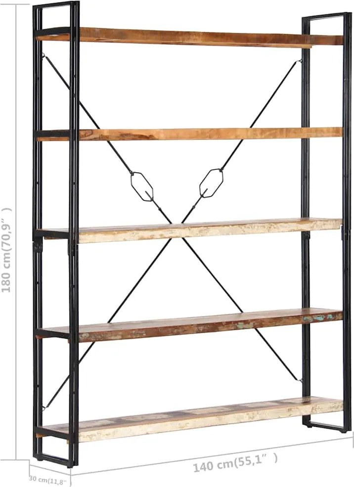 Knihovna s 5 policemi 140x30x180 cm masivní recyklované dřevo 286583