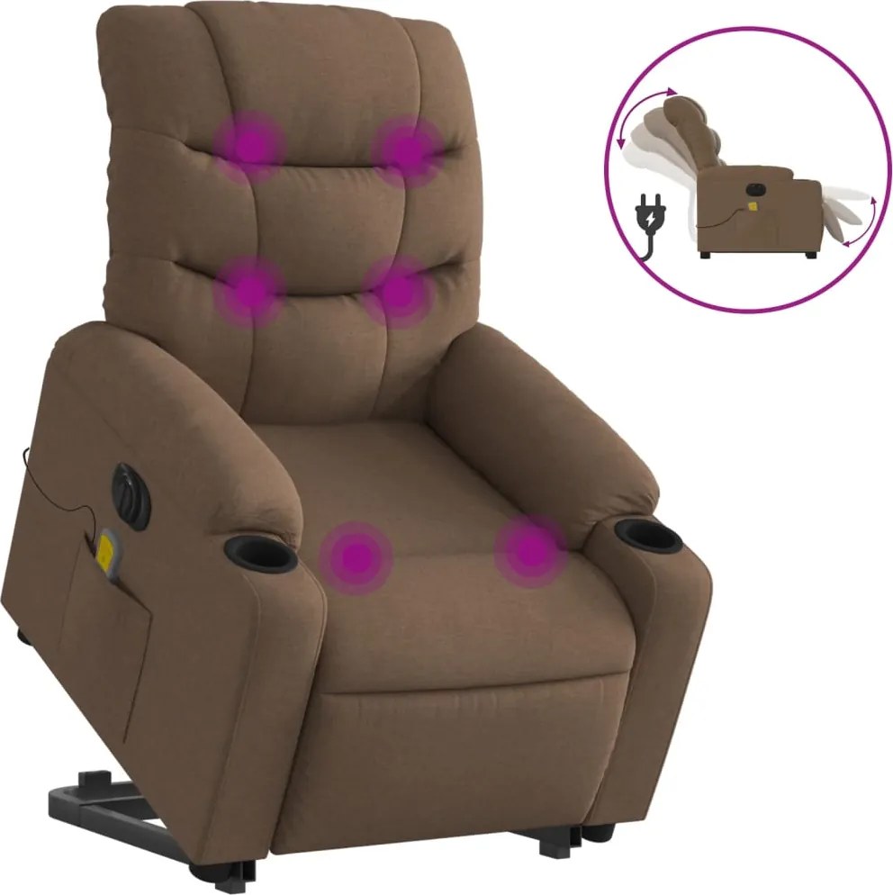 Elektrické zvedací masážní polohovací křeslo hnědé textil 3206676