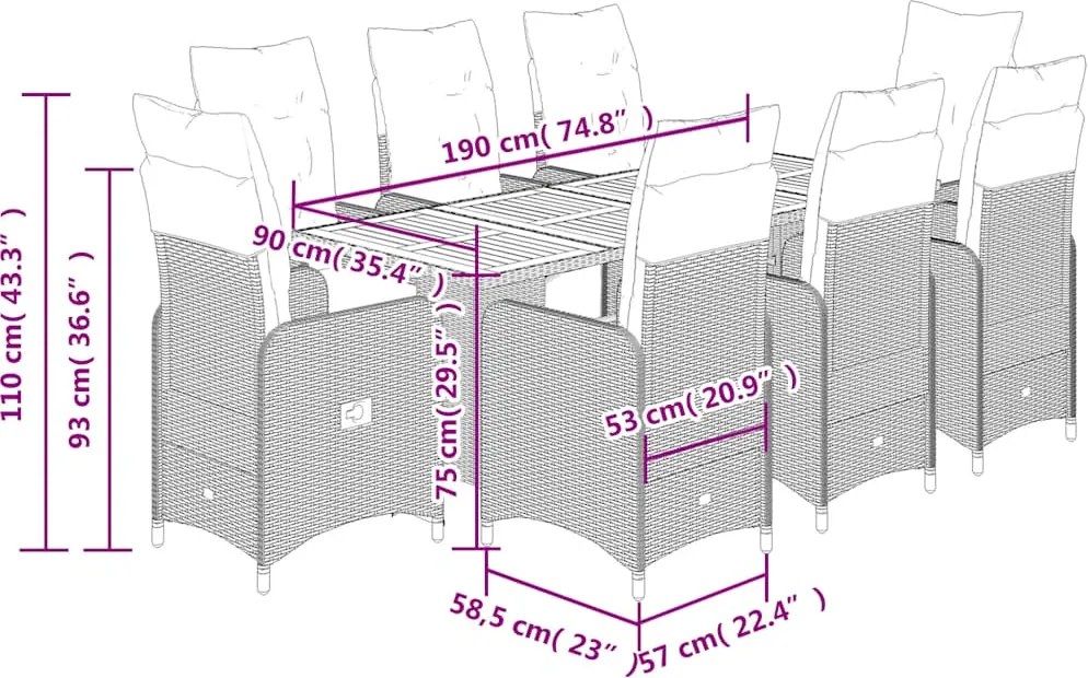 9dílný zahradní bistro set s poduškami černý polyratan 3277134