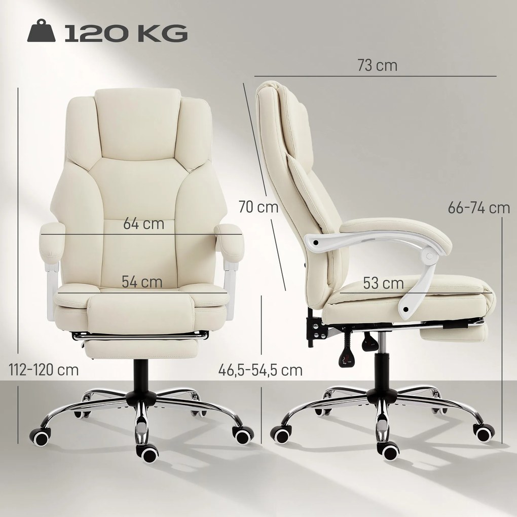 HOMCOM ergonomická kancelářská židle — sklopné opěradlo, nastavitelná výška, podnožka, 360° otočná, taštičkové pružiny, ekokůže, béžová