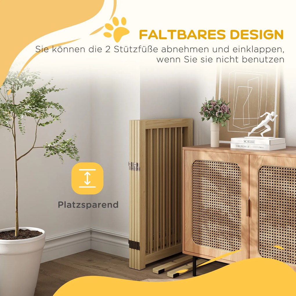 PawHut zábrana brána pro psy 4-dílná, 220 x 91 cm, skládací bezpečnostní brána s dvířky, volně stojící brána pro psy, dřevěná, se 2 podpěrnými nožičk…