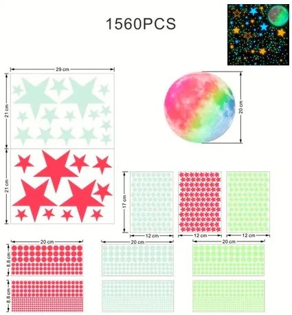 Samolepky na zeď - svítící měsíc s hvězdami Varianta: set B - malý duhový měsíc + hvězdy, 1560ks