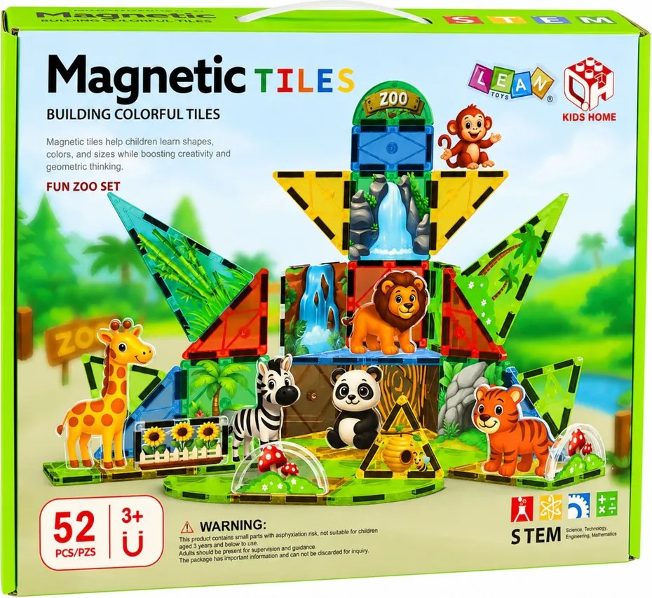 LEAN Toys Magnetické stavební kostky – Divoká zvířata, džungle, ZOO, 52 ks